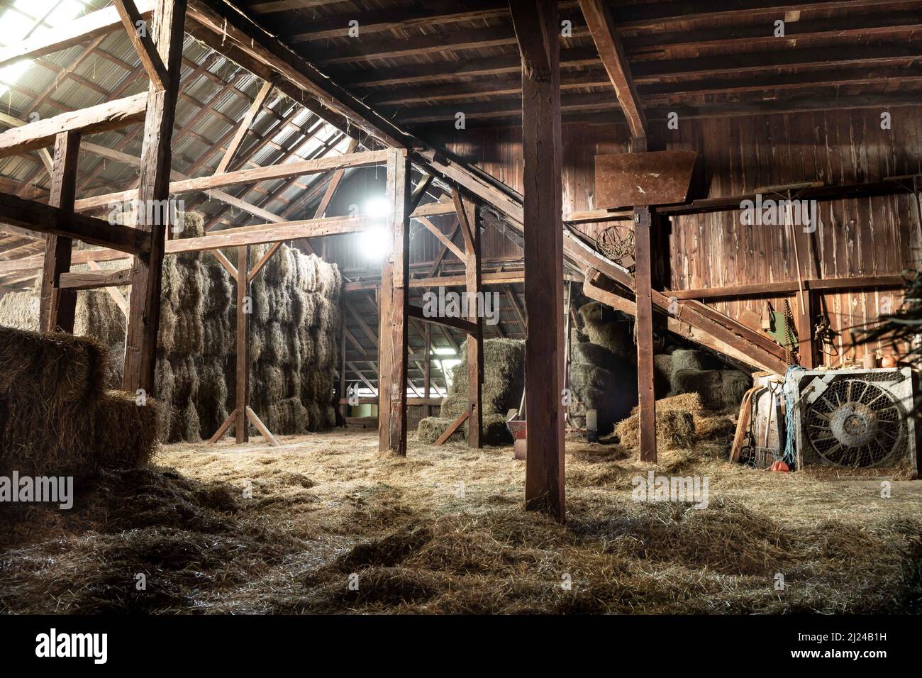 Inside Rustic Wooden Old Barn Hay Bales Straw Sunlight Rays Light Beams ...