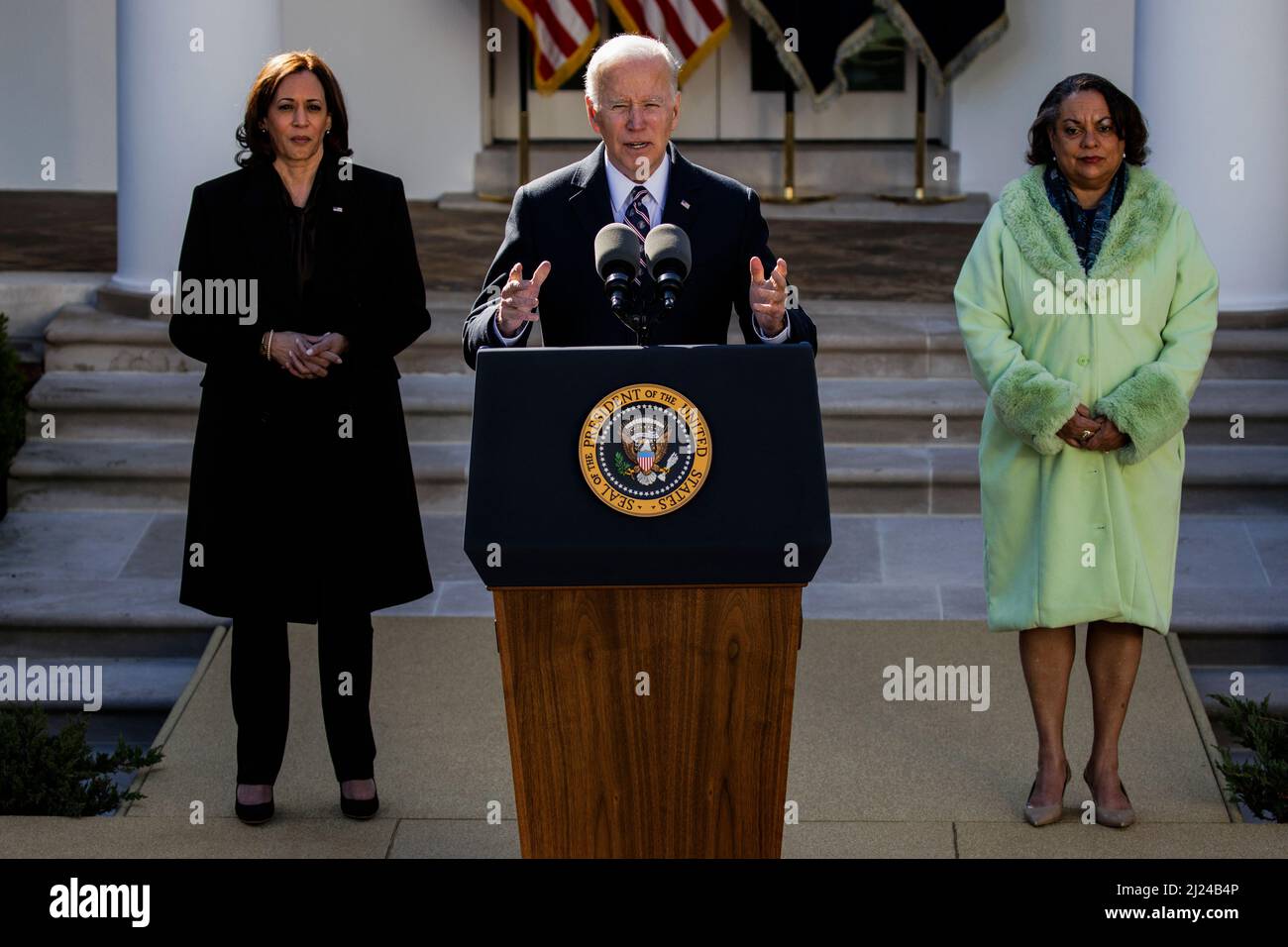 U.S. President Joe Biden speaks alongside U.S. Vice President Kamala ...