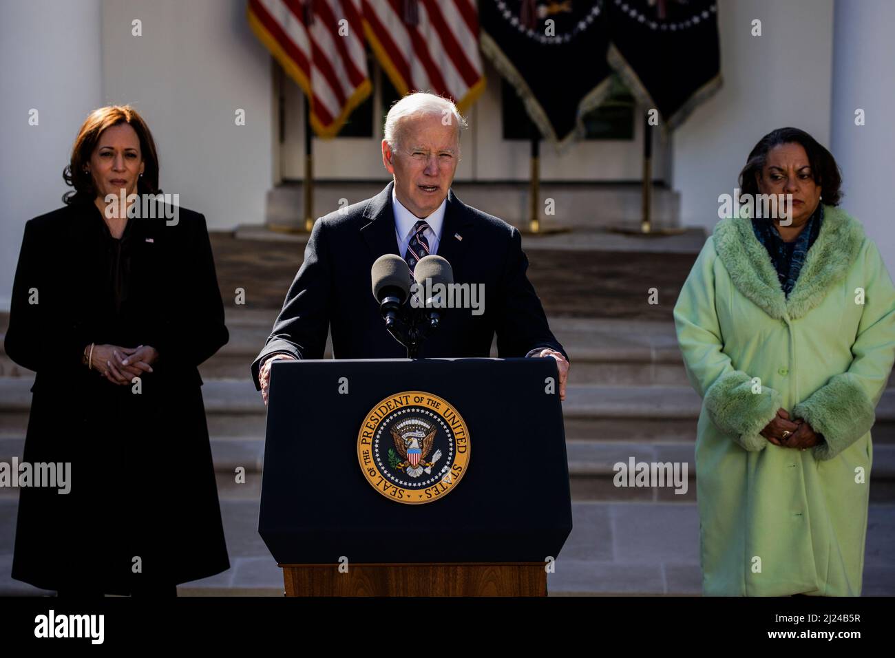 U.S. President Joe Biden speaks alongside U.S. Vice President Kamala ...