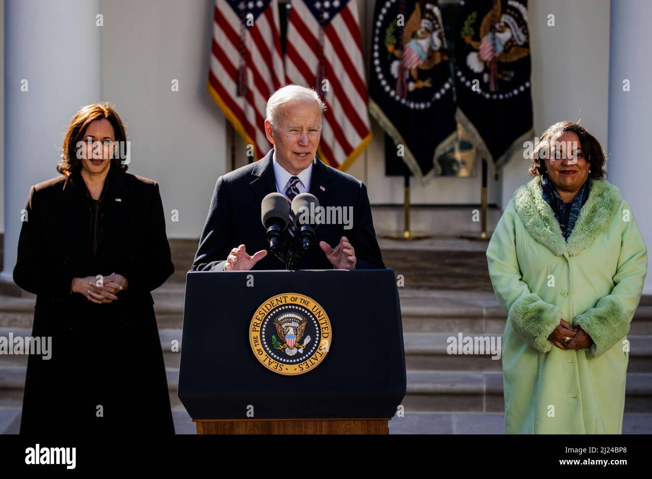 U.S. President Joe Biden speaks alongside U.S. Vice President Kamala ...