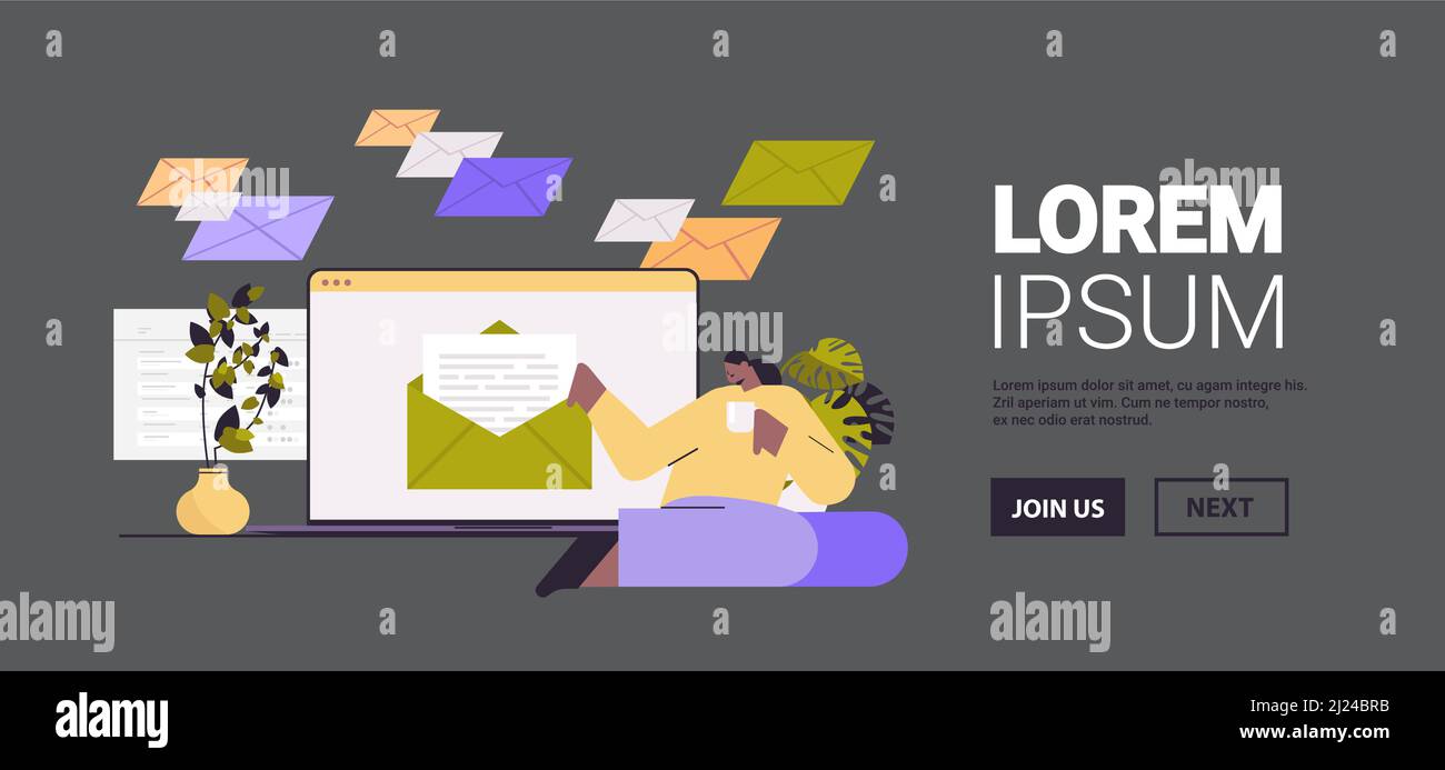 woman reading or writing letter on laptop screen girl communicating on ...