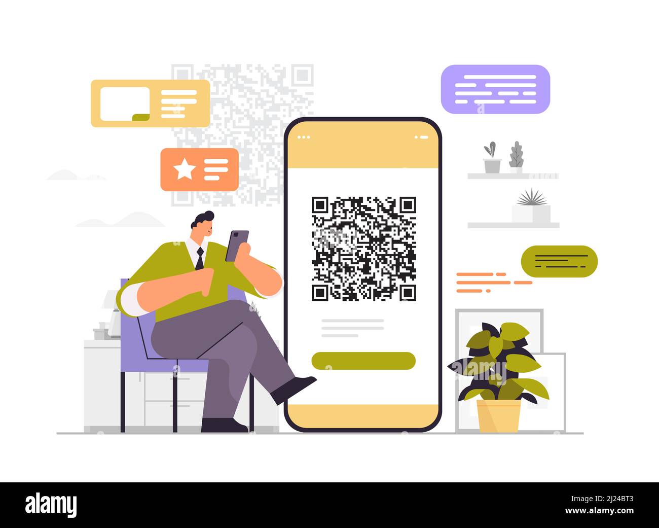 businessman scanning QR code on smartphone screen readable barcode ...