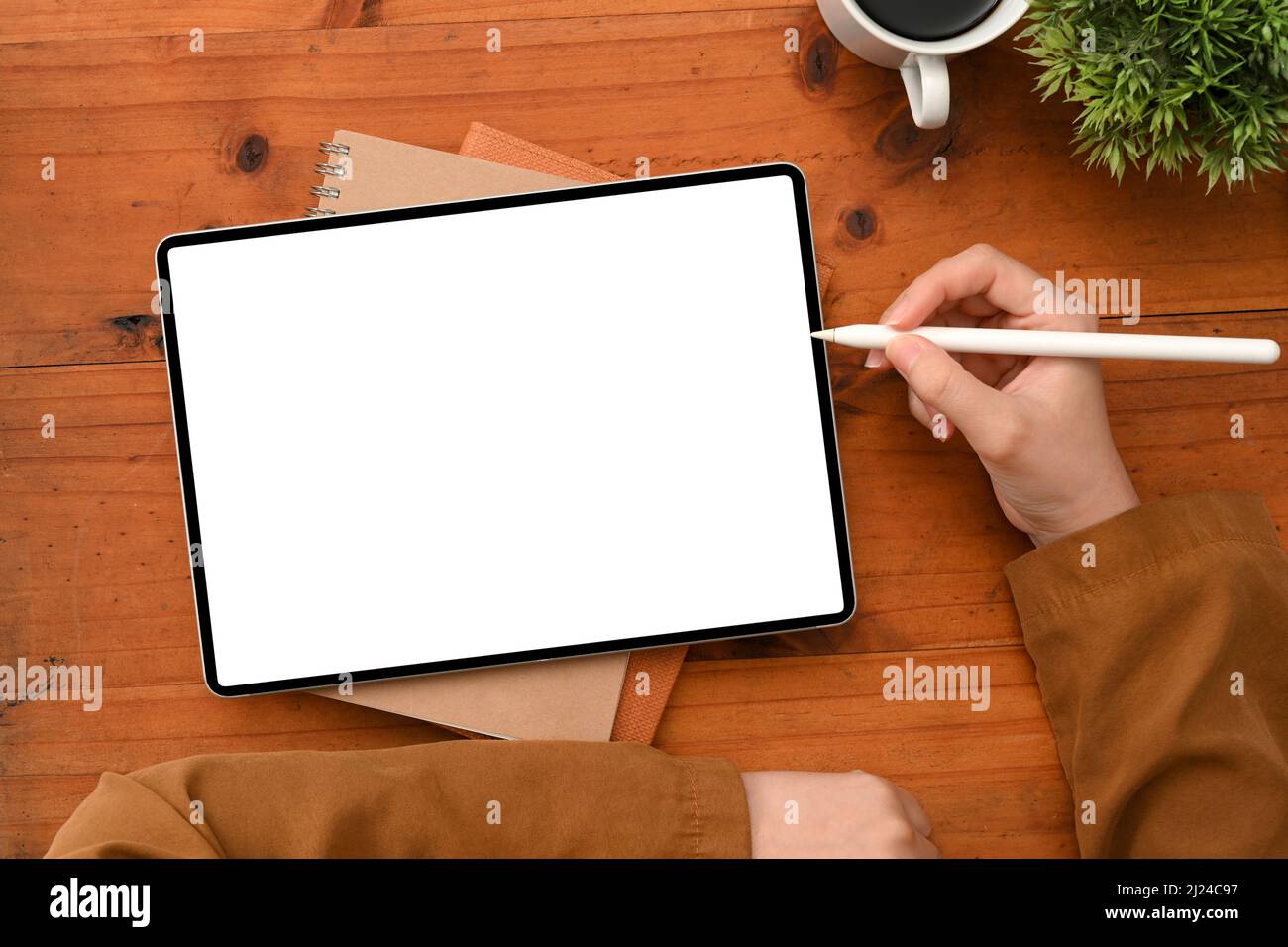 Overhead shot, Female using or designing her graphic art work on ...