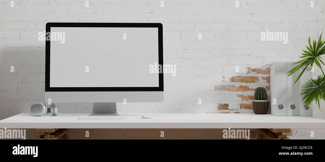 Comfortable Workspace In White Brick Wall Room With Computer Blank Desktop Mockup Headphone