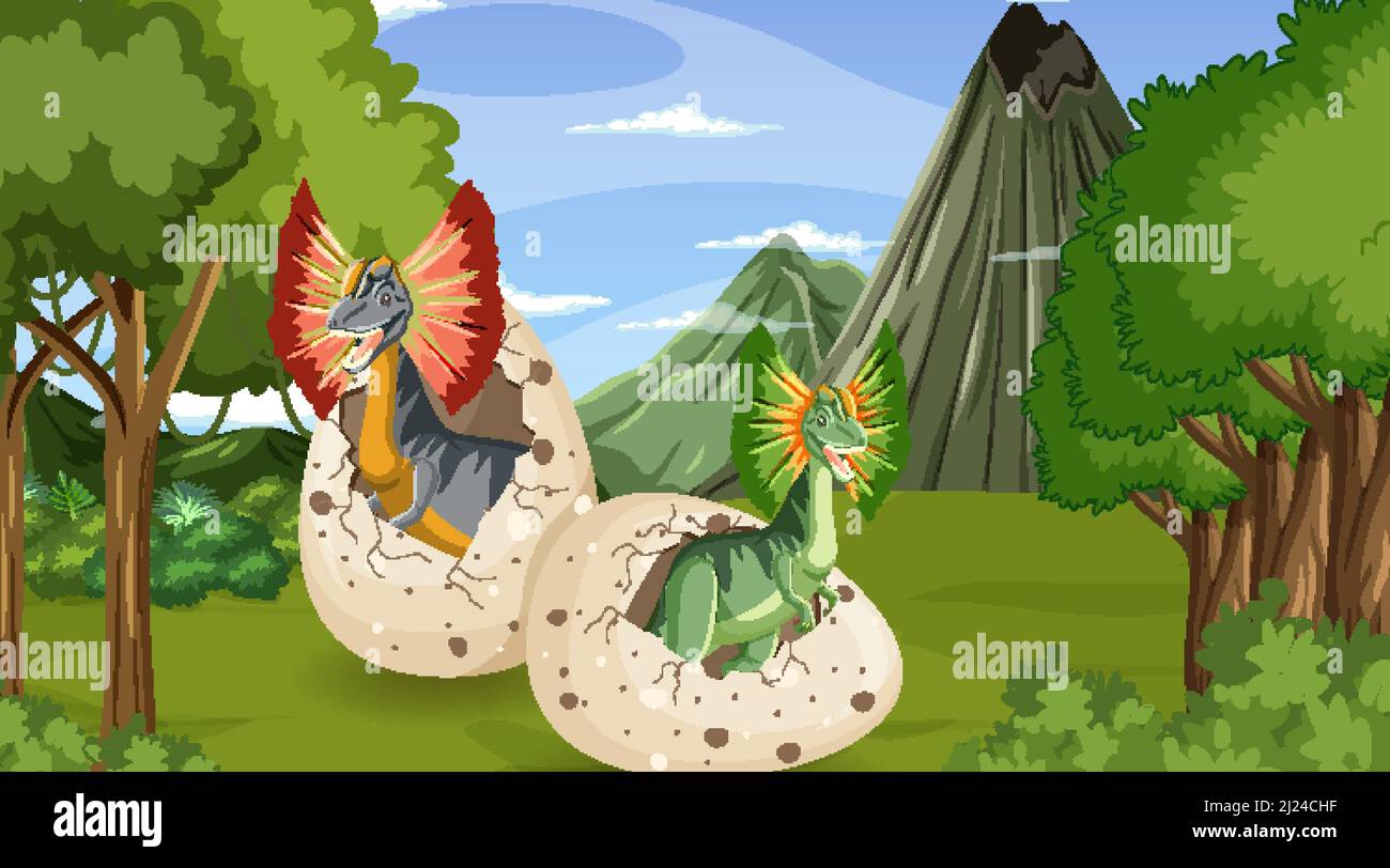 Prehistoric forest with dinosaur cartoon illustration Stock Vector ...