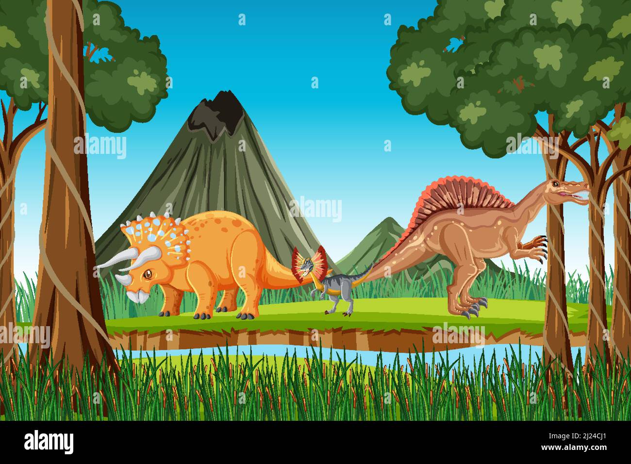 Prehistoric forest with dinosaur cartoon illustration Stock Vector ...