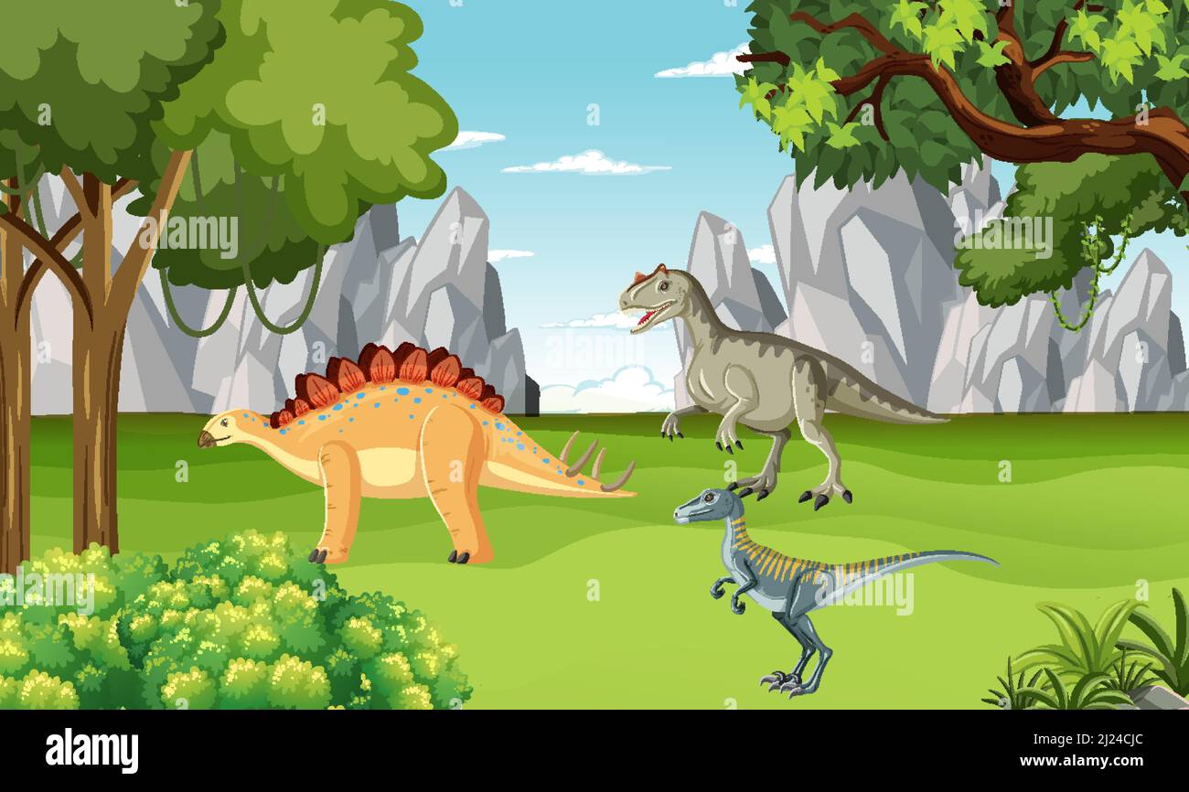 Prehistoric forest with dinosaur cartoon illustration Stock Vector ...