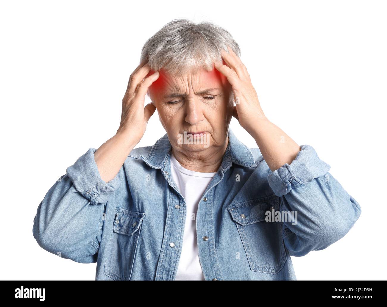 Stressed senior woman suffering from headache isolated on white Stock ...