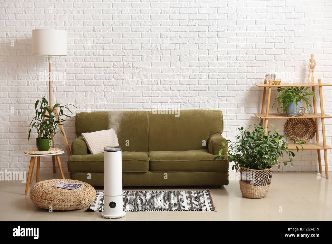 Interior of stylish living room with humidifier Stock Photo - Alamy
