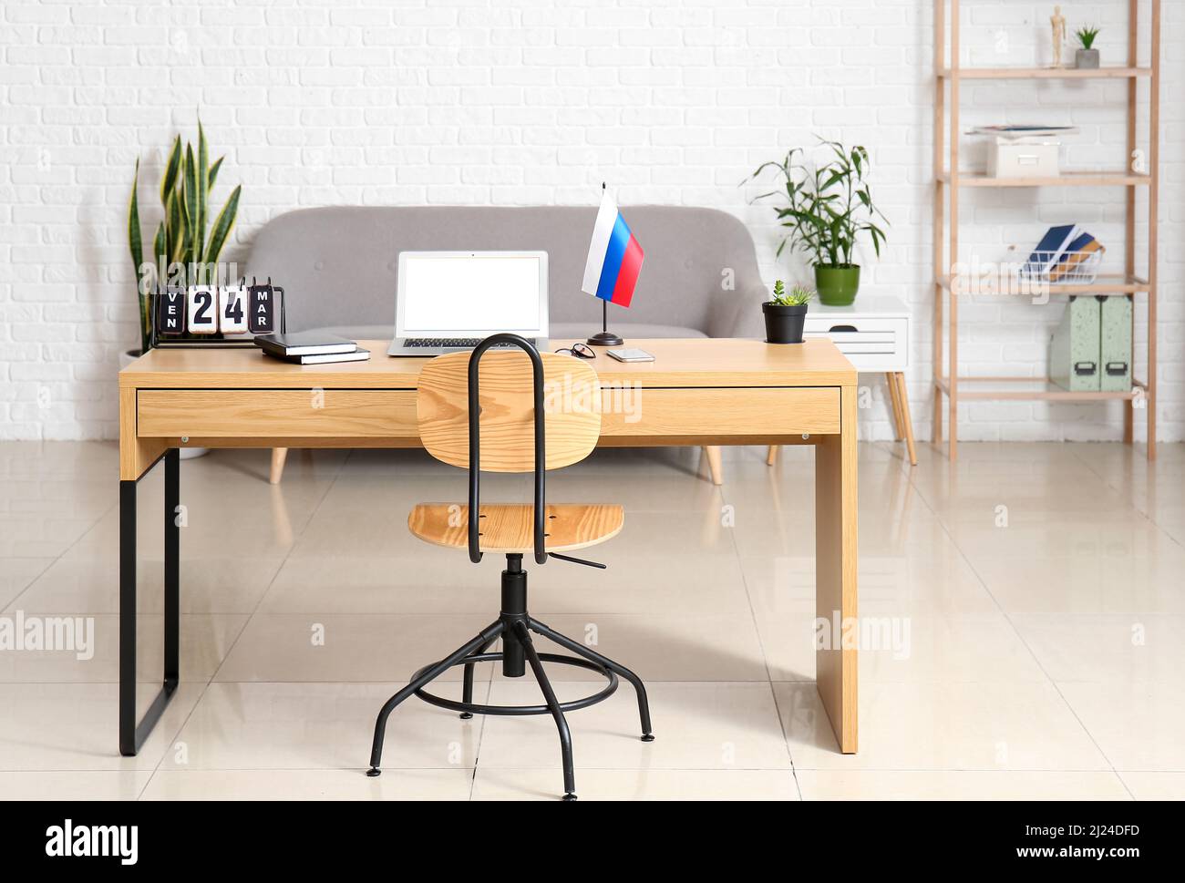 Interior of modern office with Russian flag Stock Photo - Alamy