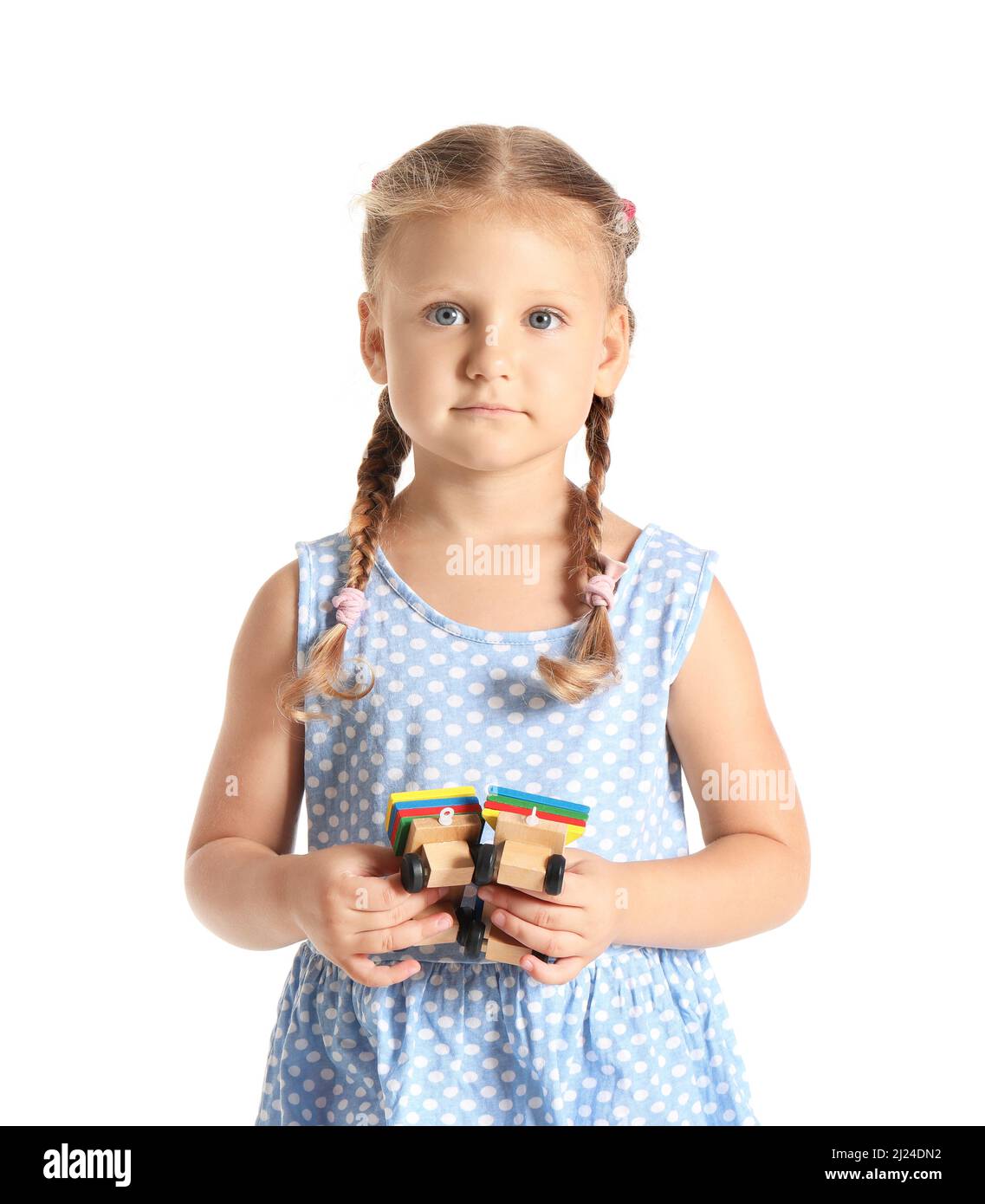 Cute little girl with building blocks on white background Stock Photo ...