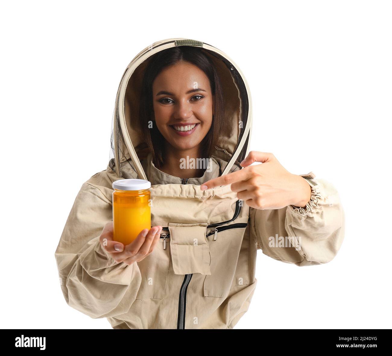 Female beekeeper with honey on white background Stock Photo - Alamy