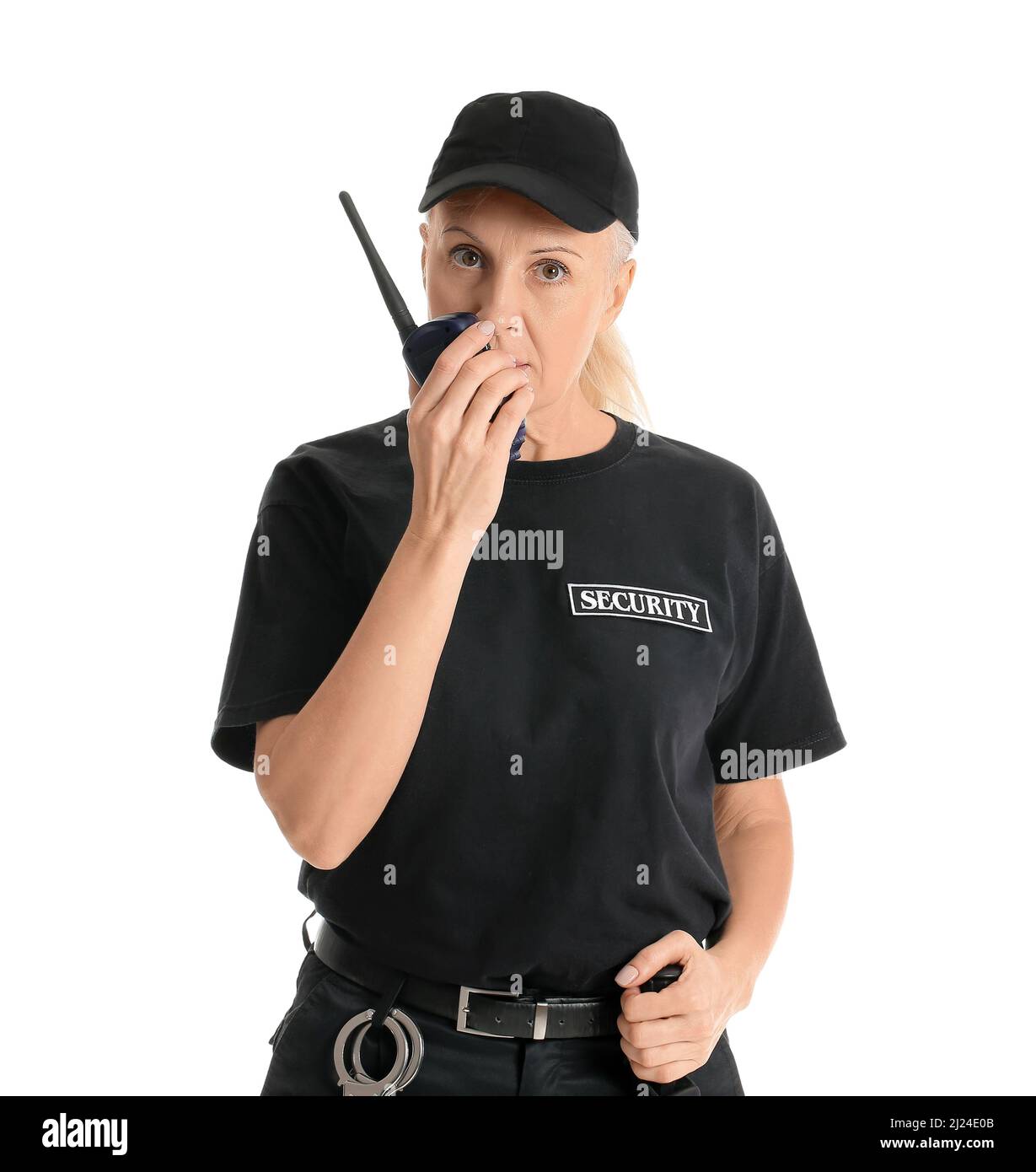 Female security guard with radio transmitter isolated on white Stock ...
