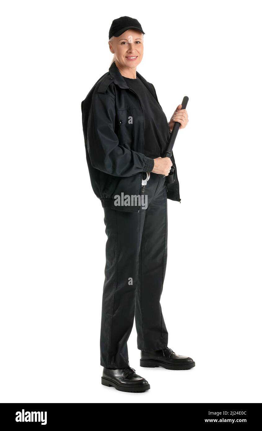 Female security guard with baton isolated on white Stock Photo - Alamy