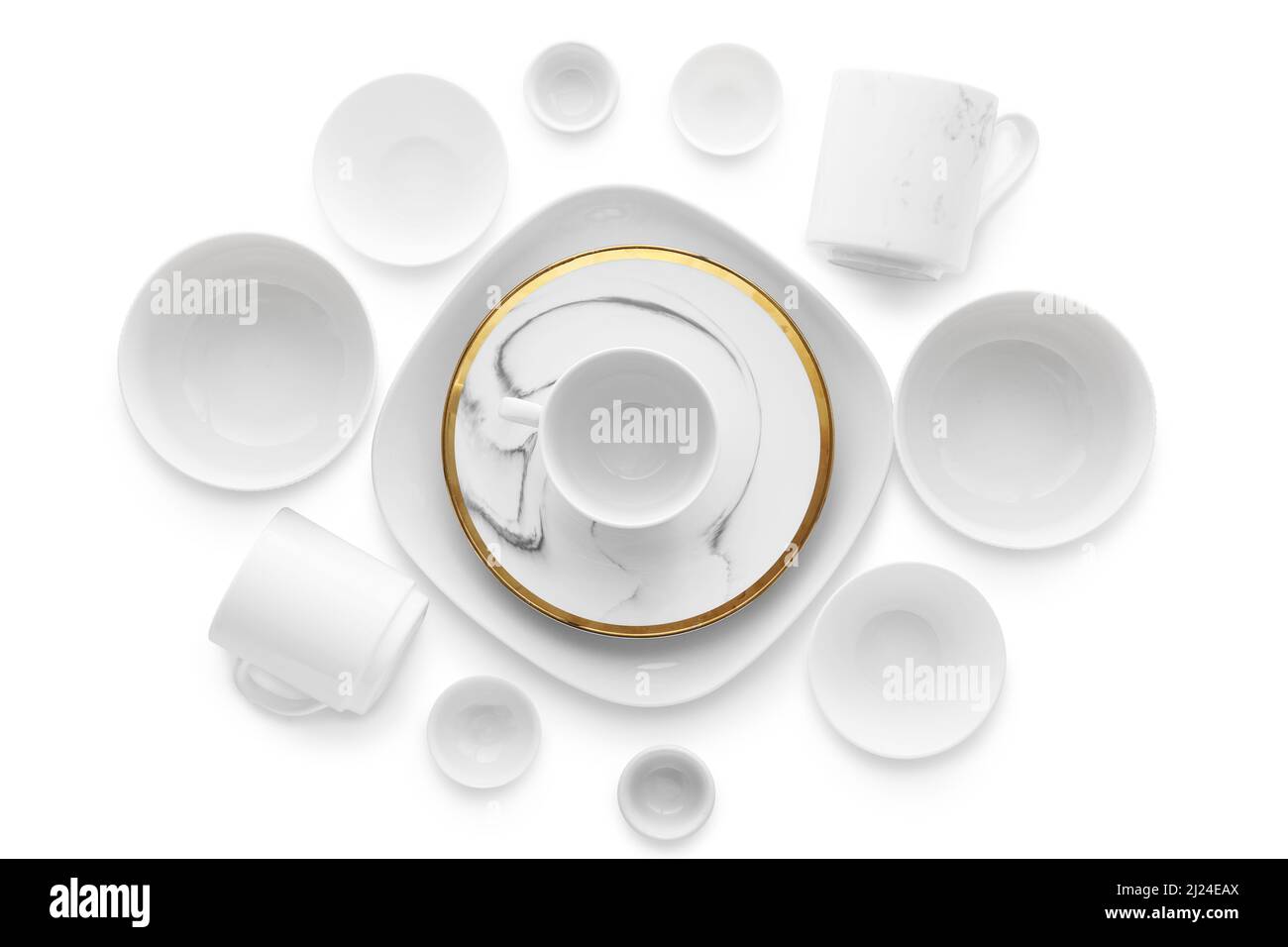 Set of stylish dinnerware on white background Stock Photo - Alamy