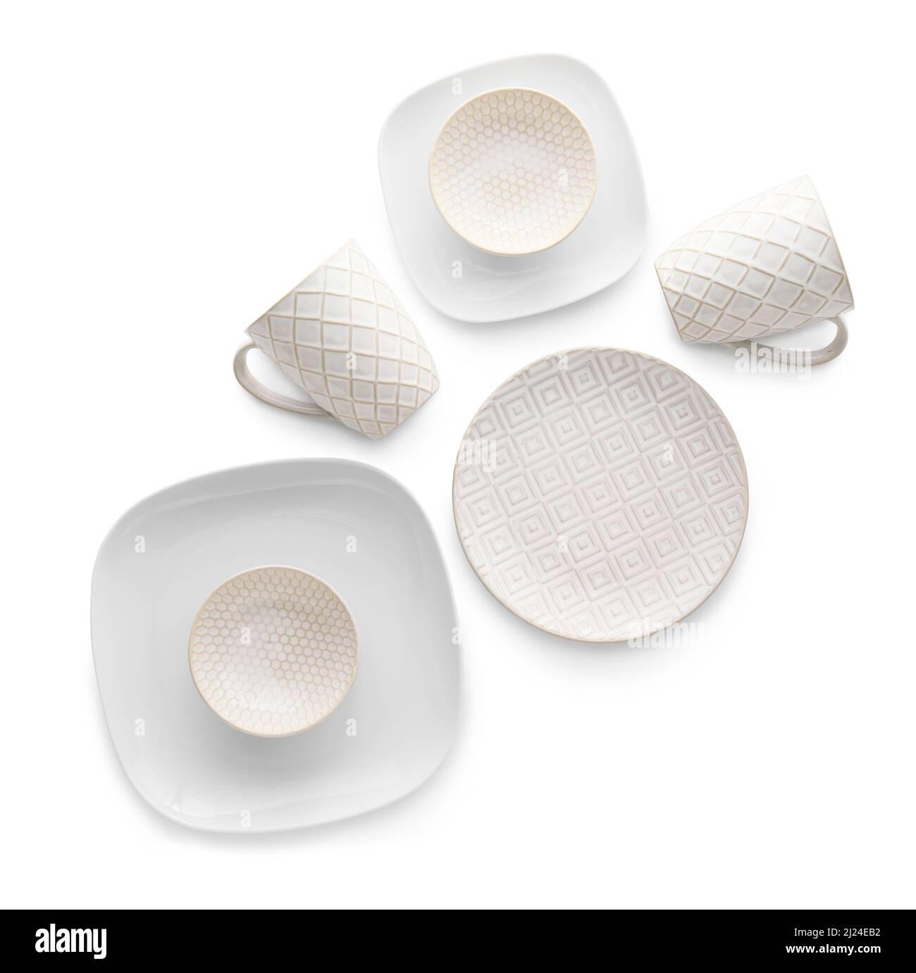 Set of stylish dinnerware on white background Stock Photo - Alamy