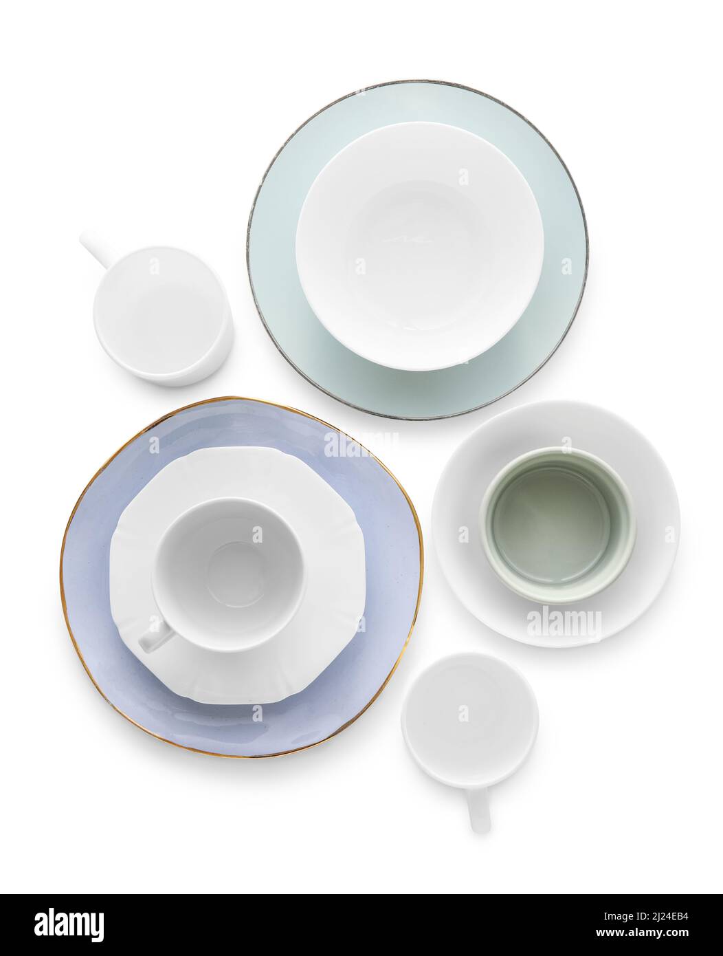 Set of stylish dinnerware on white background Stock Photo - Alamy