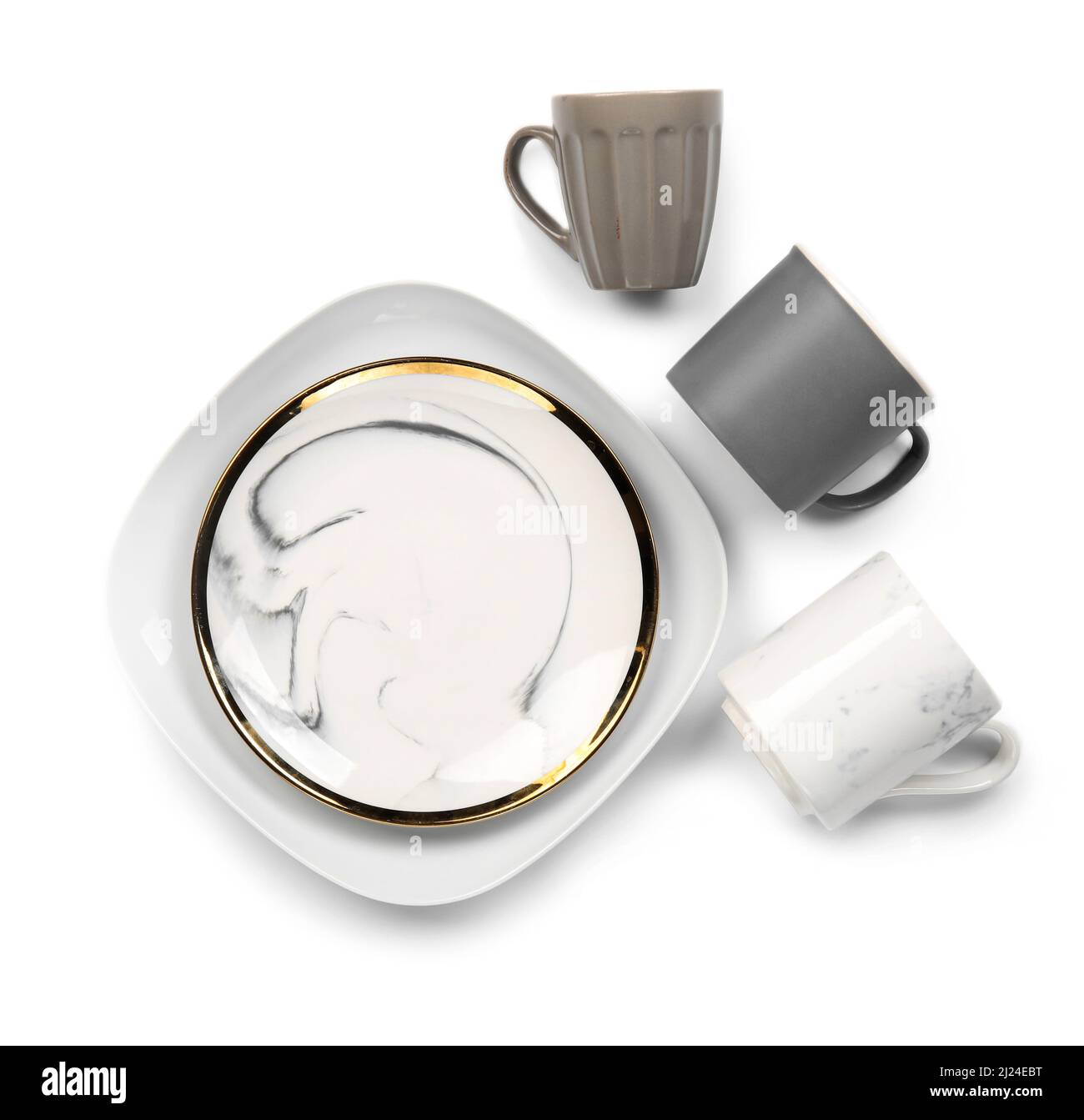 Set of stylish dinnerware on white background Stock Photo - Alamy