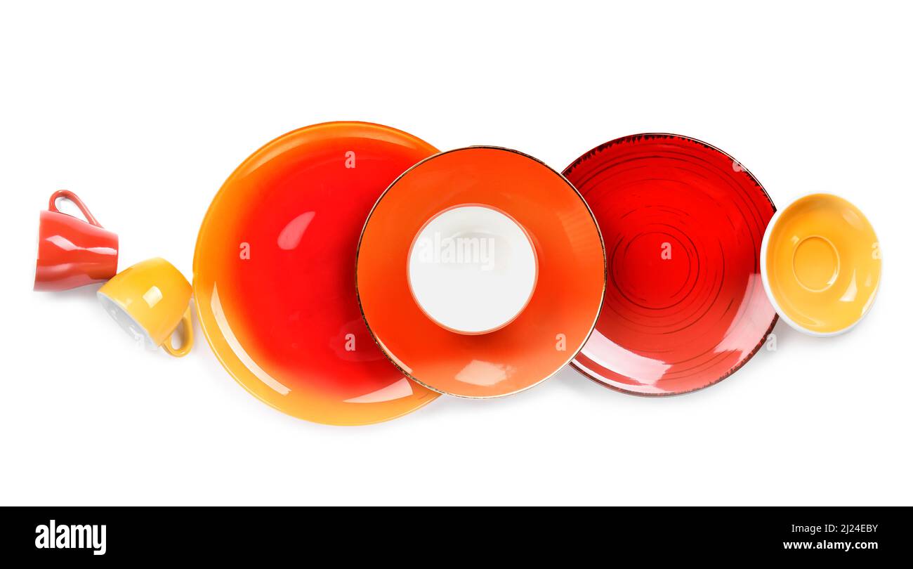 Set of stylish dinnerware on white background Stock Photo - Alamy