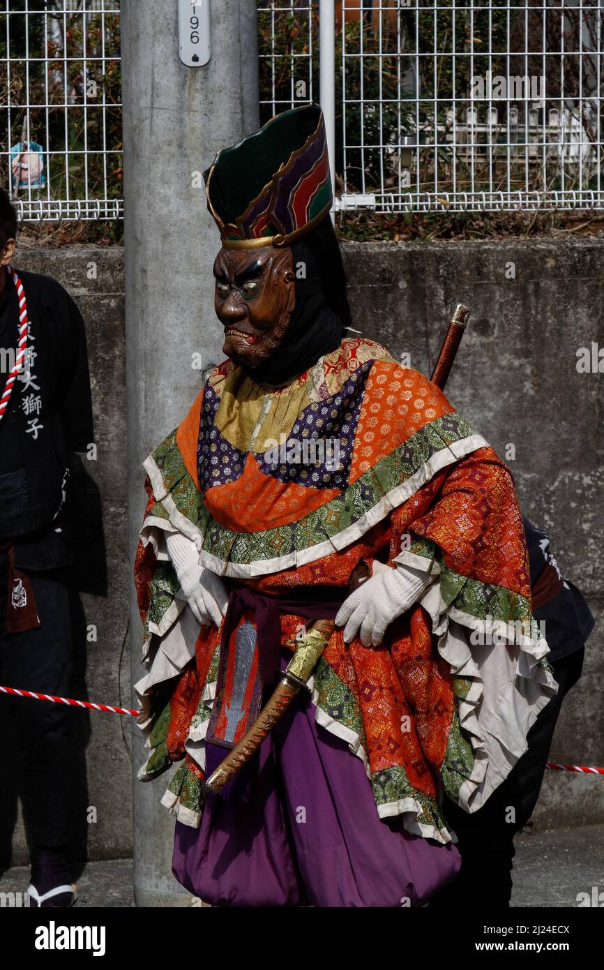 iida, nagano, japan, 2022/24/03 , Lion Dance on a Float. The ritual ...