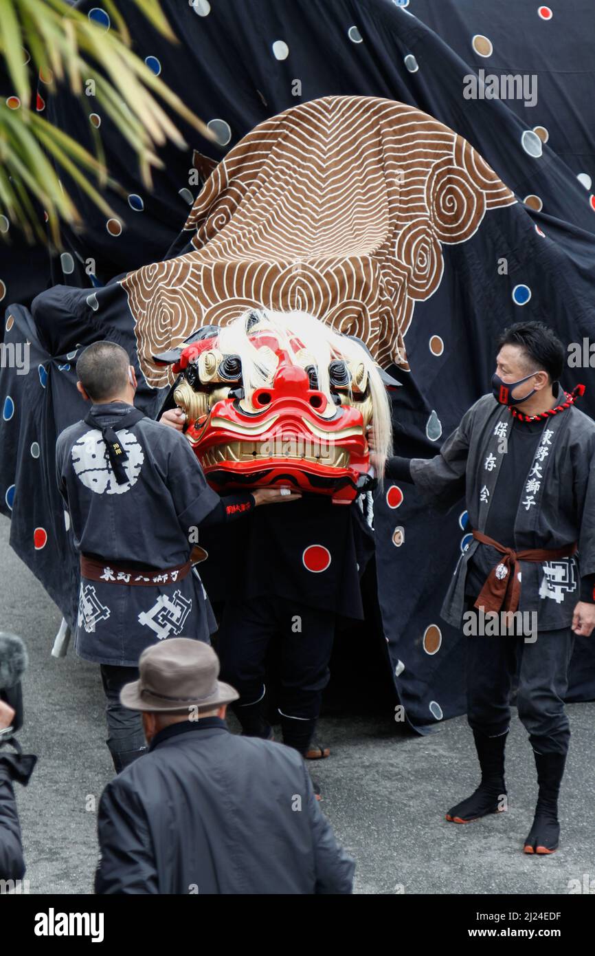 iida, nagano, japan, 2022/24/03 , Lion Dance on a Float. The ritual ...