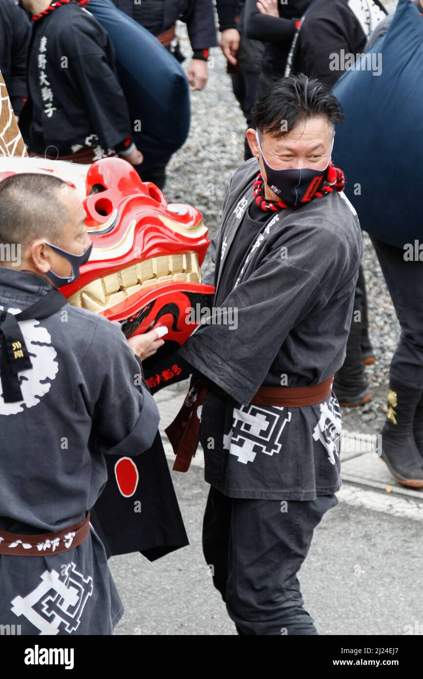 iida, nagano, japan, 2022/24/03 , Lion Dance on a Float. The ritual ...