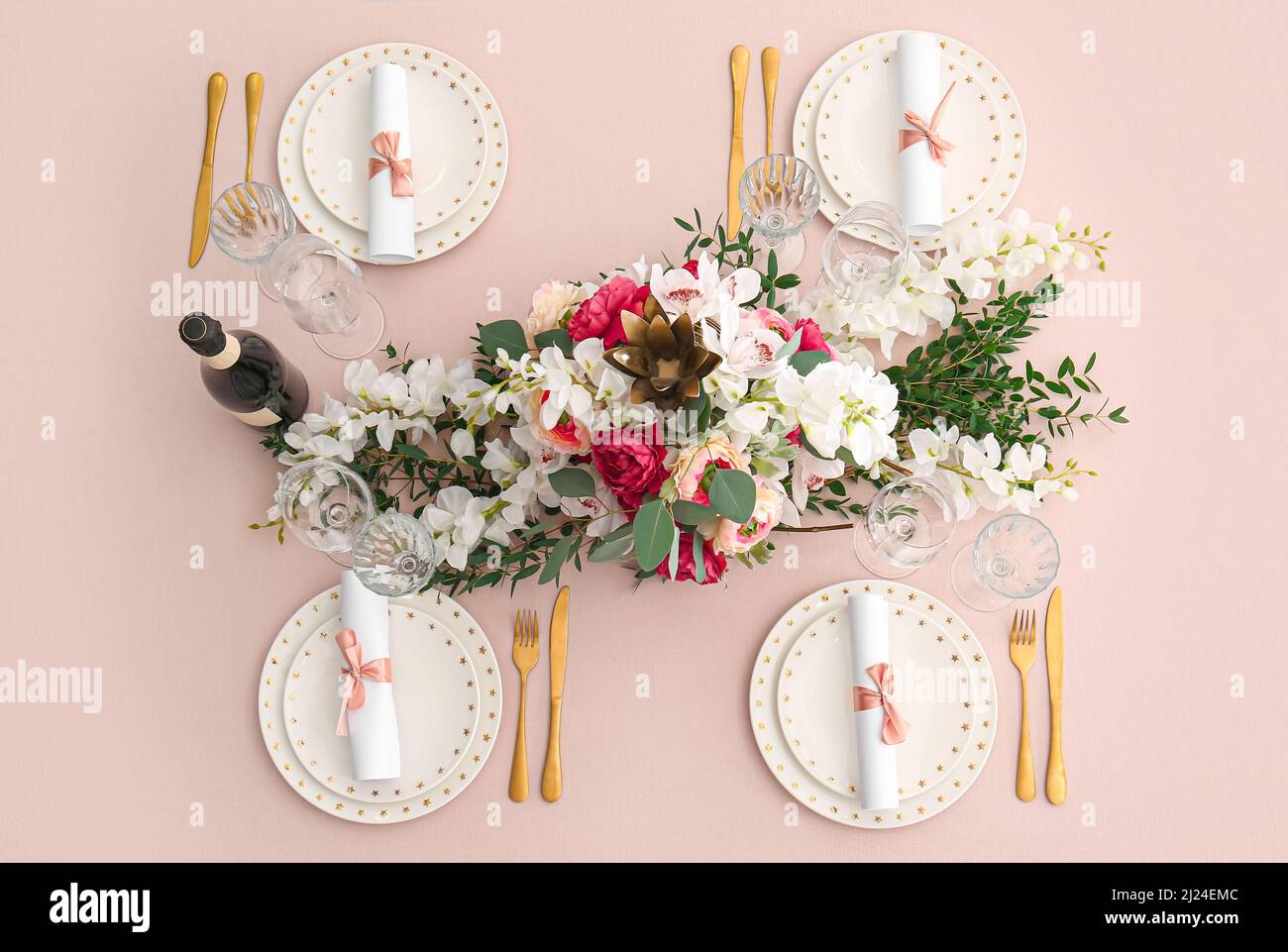 Stylish table setting with wedding invitations, top view Stock Photo ...