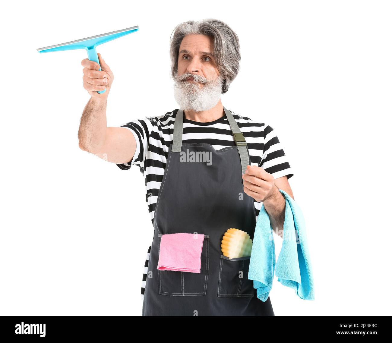 Worker of cleaning service with supplies on white background Stock ...