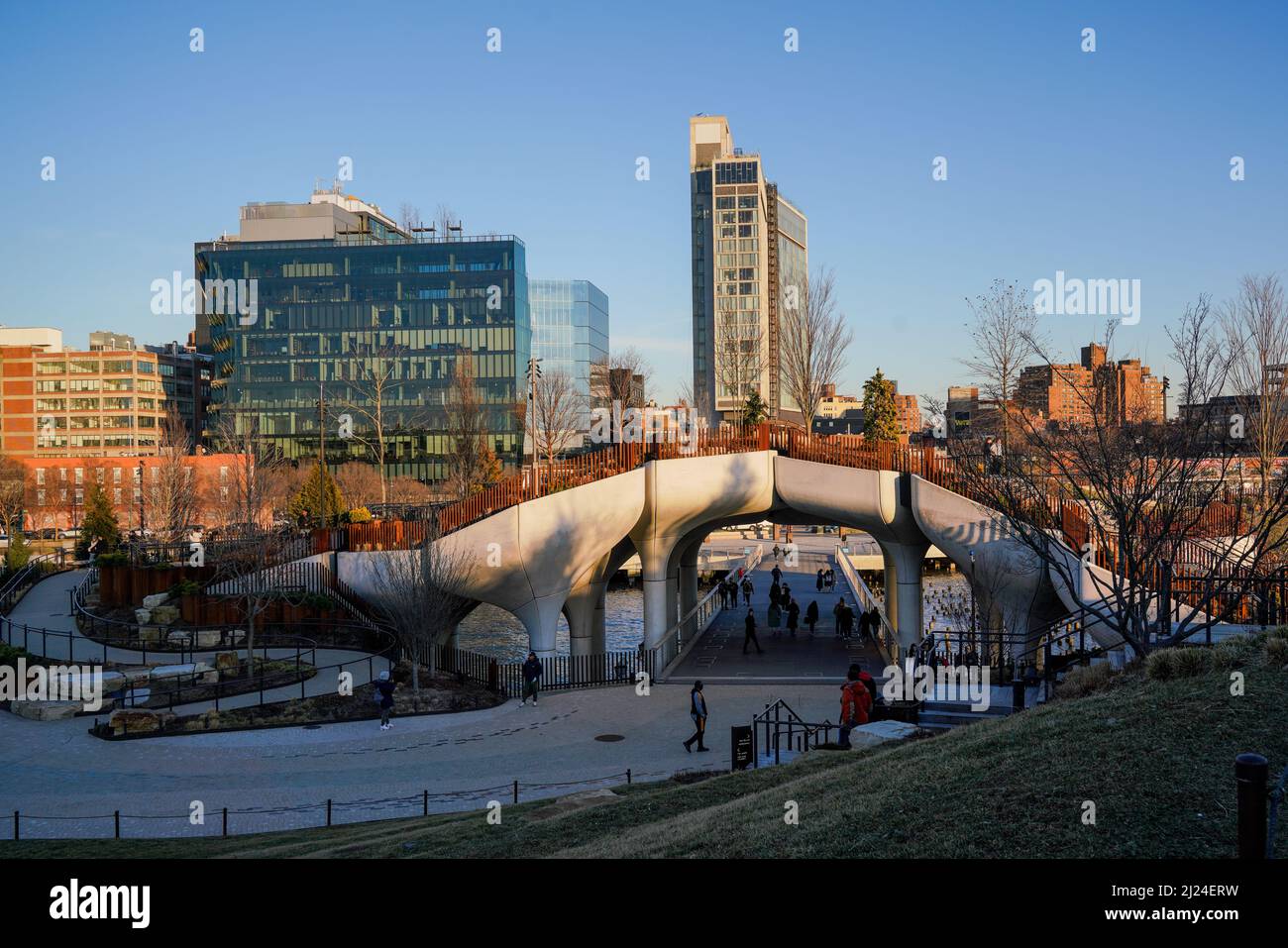 Little Island park located on pot-shaped concrete structures, or tulips ...