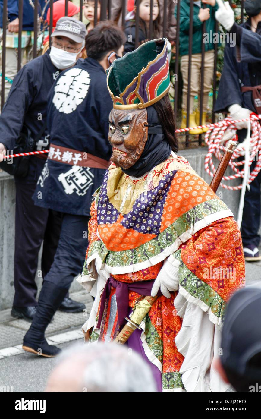 iida, nagano, japan, 2022/24/03 , Lion Dance on a Float. The ritual ...