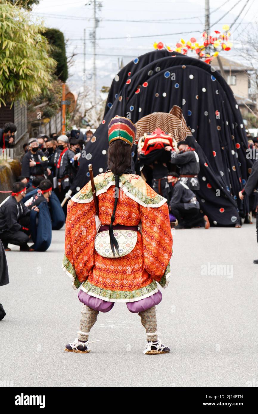iida, nagano, japan, 2022/24/03 , Lion Dance on a Float. The ritual ...