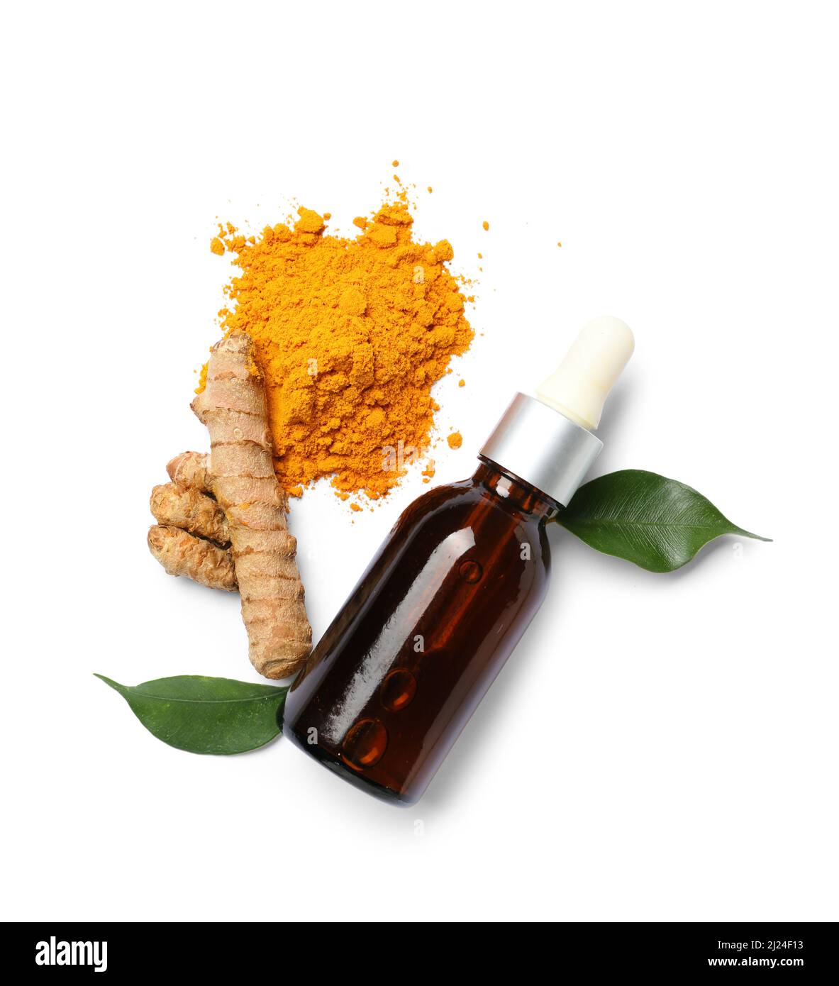 Bottle of oil, turmeric root and powder on white background Stock Photo ...