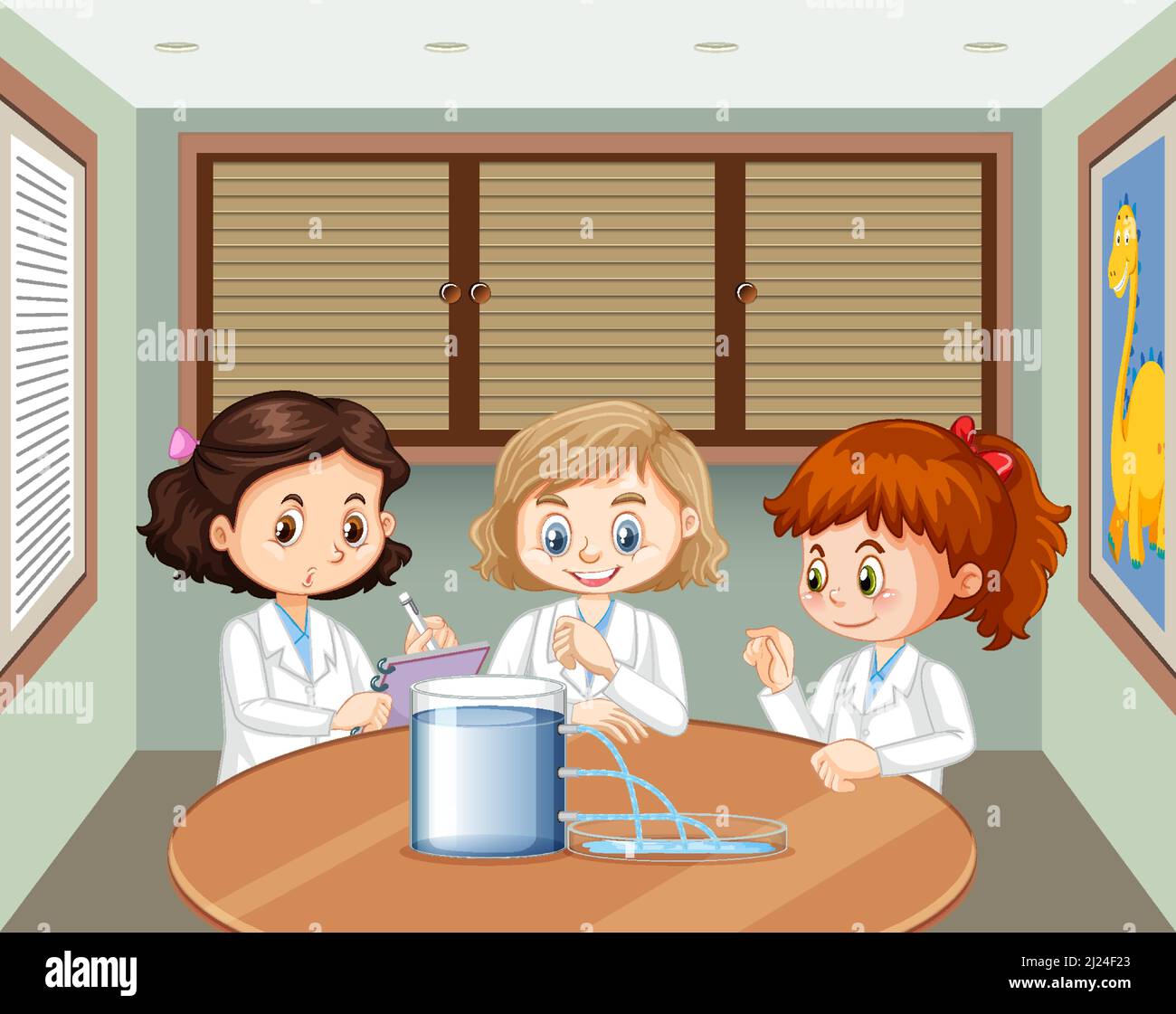 Scientist kids doing liquid pressure experiment illustration Stock ...