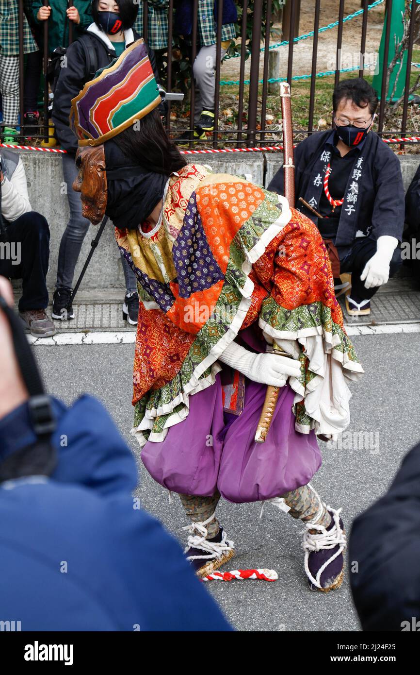 iida, nagano, japan, 2022/24/03 , Lion Dance on a Float. The ritual ...