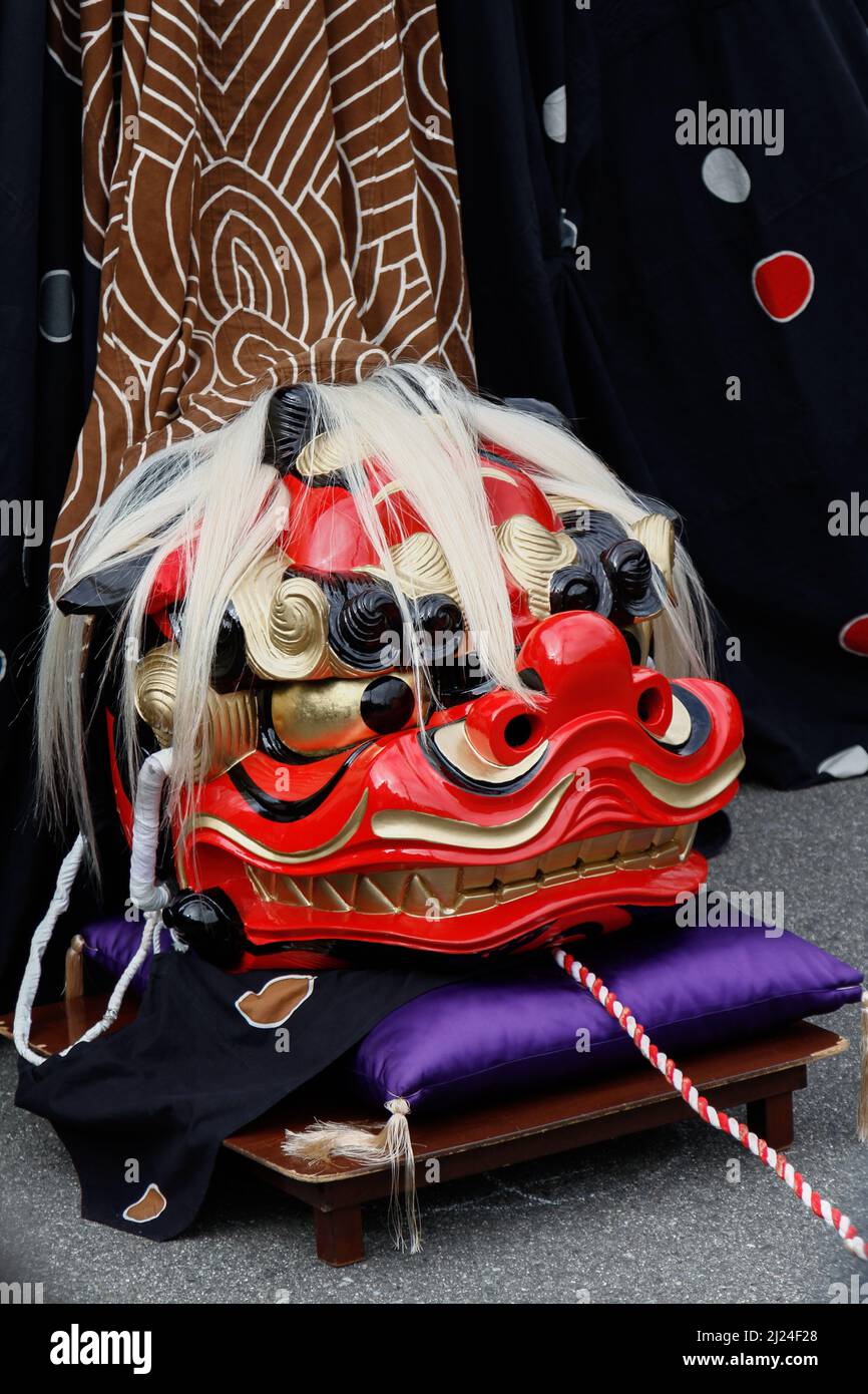iida, nagano, japan, 2022/24/03 , Lion Dance on a Float. The ritual ...