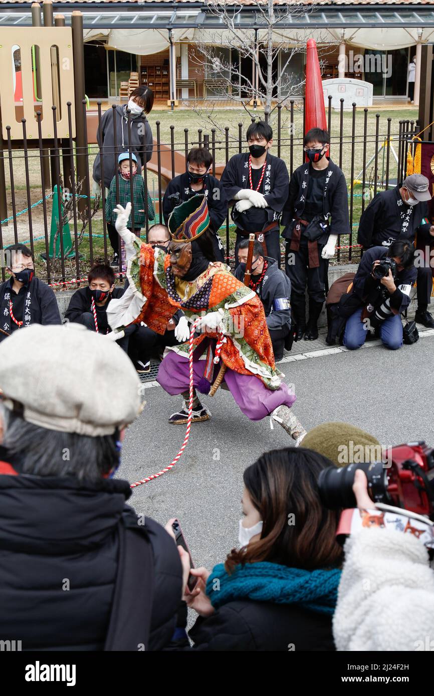 iida, nagano, japan, 2022/24/03 , Lion Dance on a Float. The ritual ...