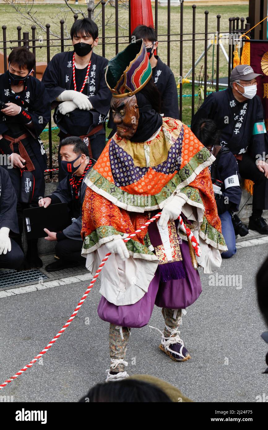 iida, nagano, japan, 2022/24/03 , Lion Dance on a Float. The ritual ...
