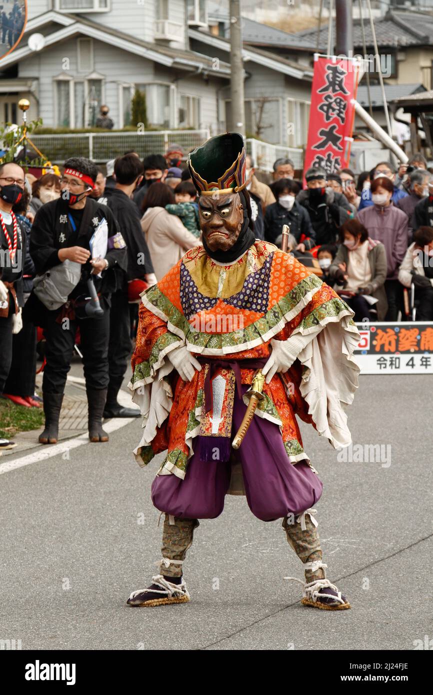 iida, nagano, japan, 2022/24/03 , Lion Dance on a Float. The ritual ...