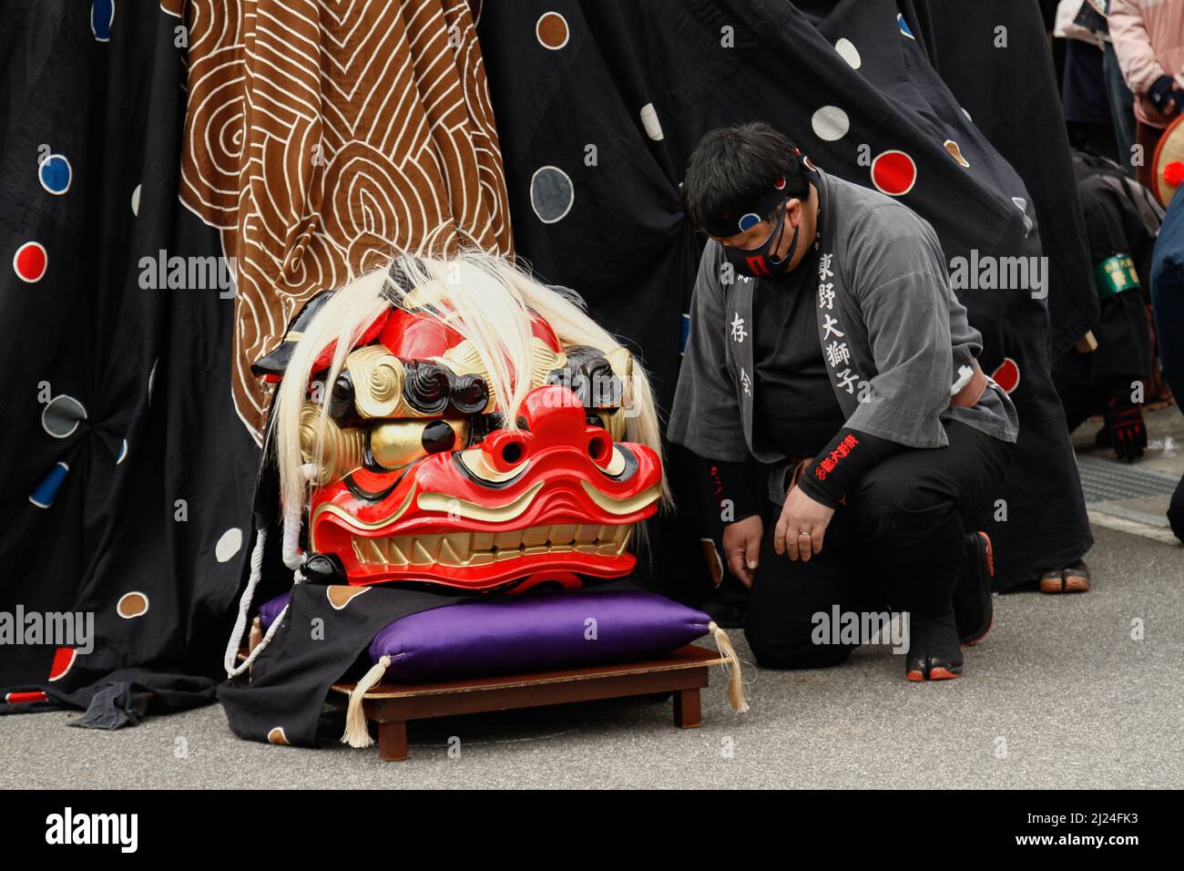 iida, nagano, japan, 2022/24/03 , Lion Dance on a Float. The ritual ...