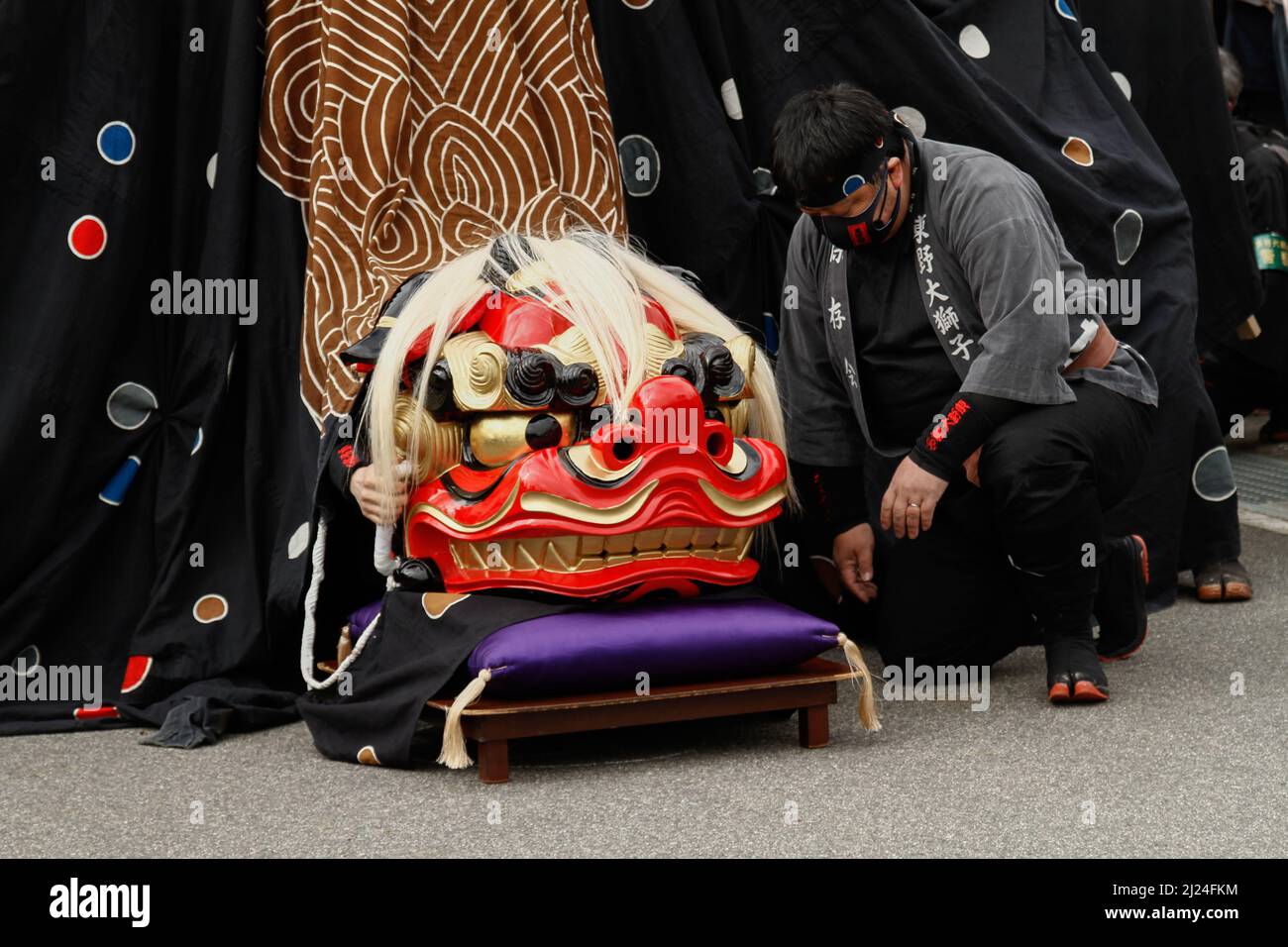 iida, nagano, japan, 2022/24/03 , Lion Dance on a Float. The ritual ...