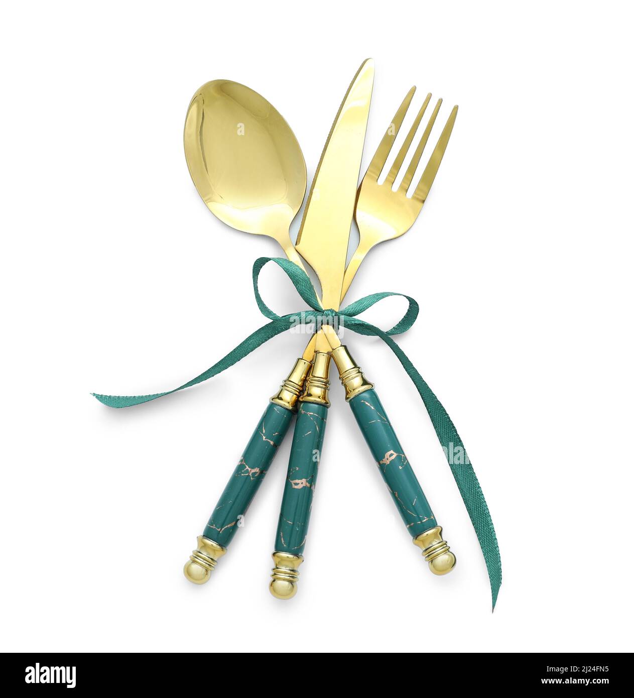 Elegant cutlery with ribbon on white background Stock Photo - Alamy