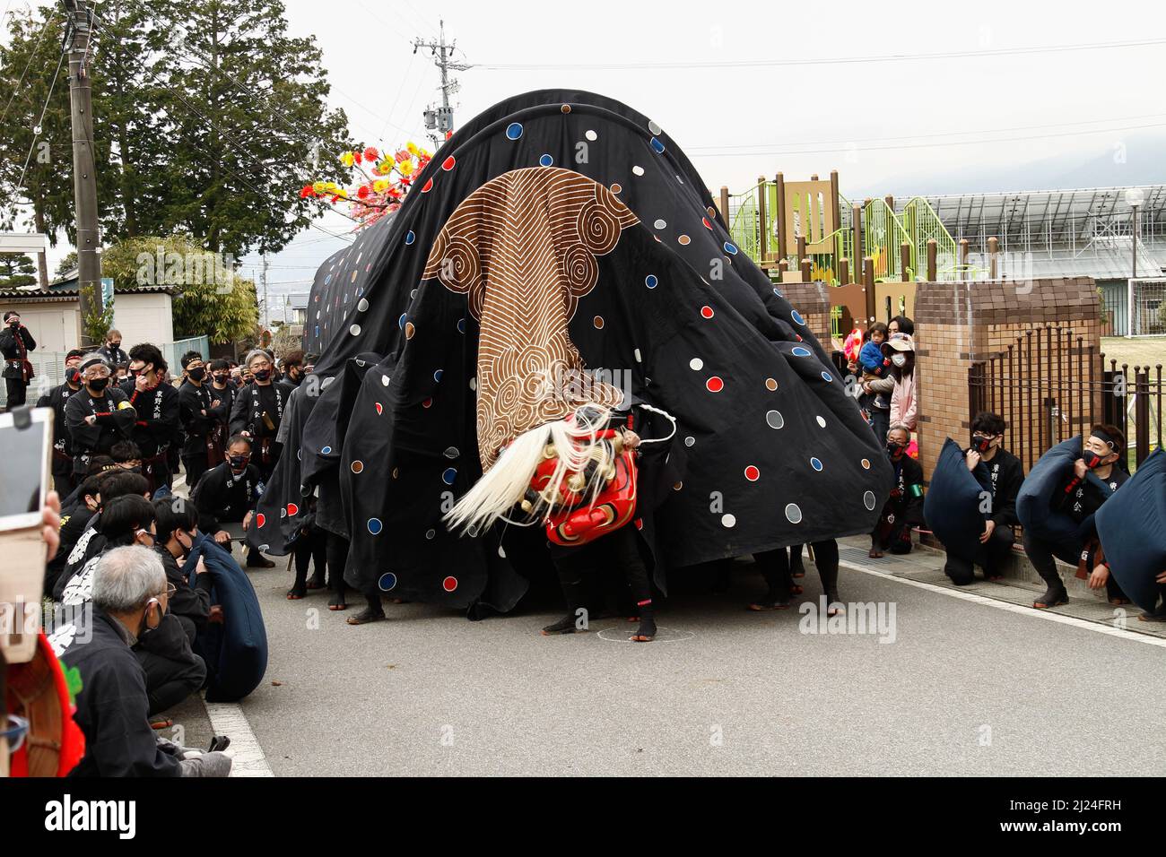 iida, nagano, japan, 2022/24/03 , Lion Dance on a Float. The ritual ...