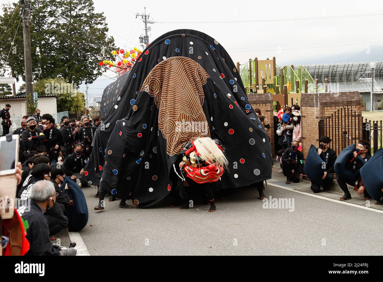iida, nagano, japan, 2022/24/03 , Lion Dance on a Float. The ritual ...