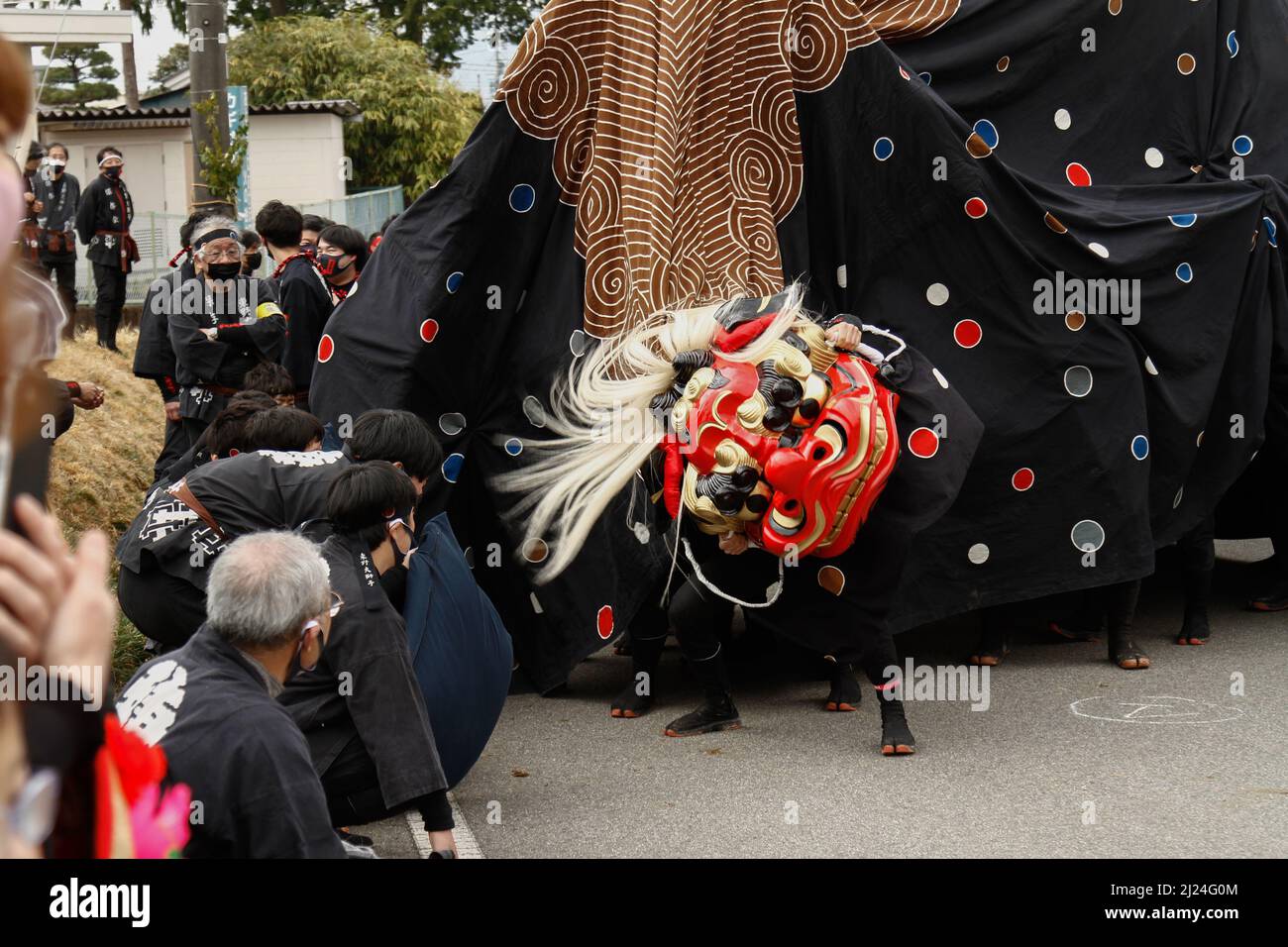 iida, nagano, japan, 2022/24/03 , Lion Dance on a Float. The ritual ...