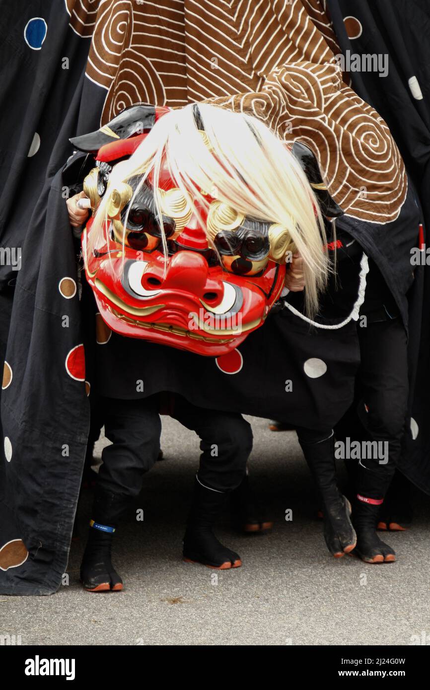 iida, nagano, japan, 2022/24/03 , Lion Dance on a Float. The ritual ...
