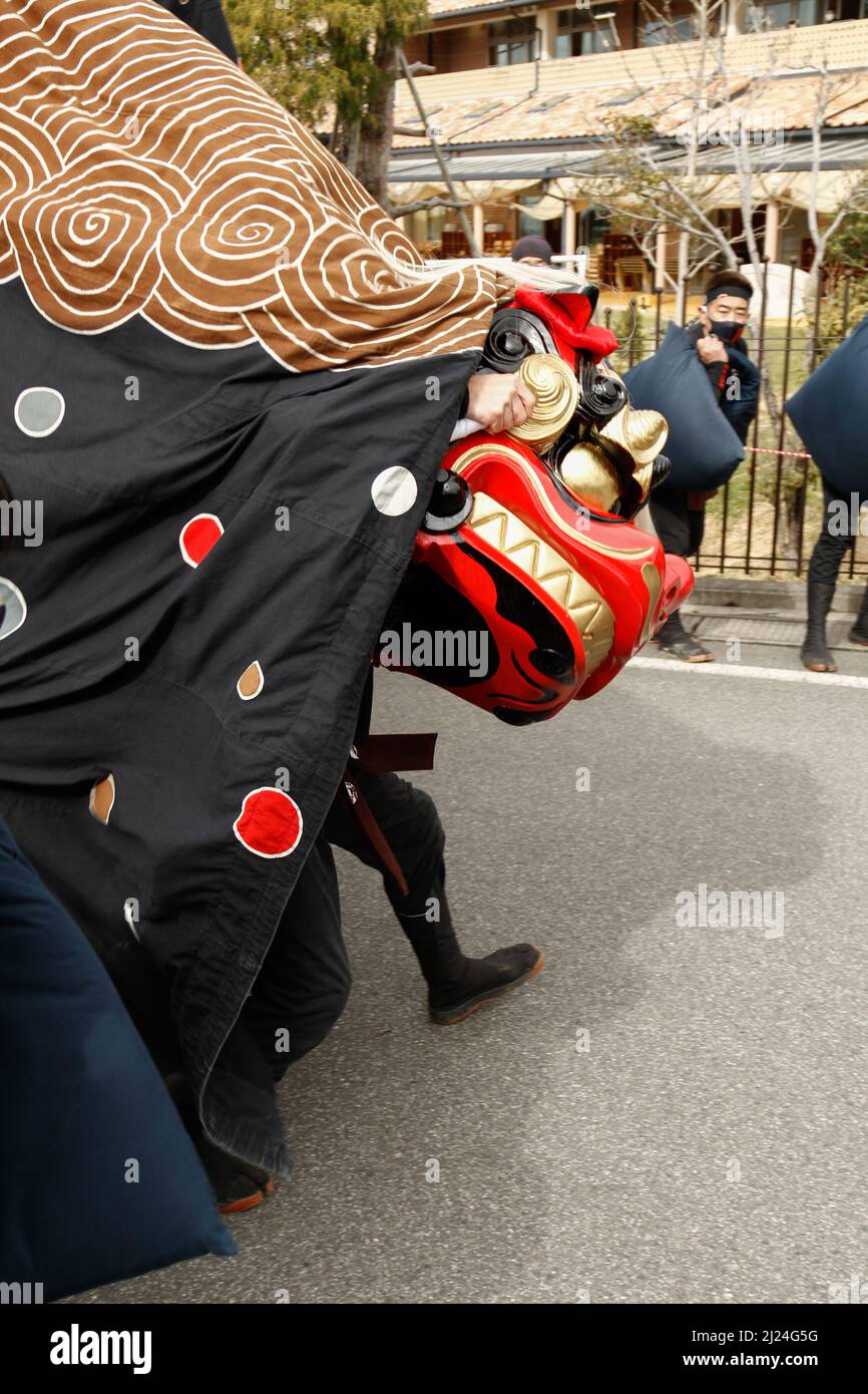 iida, nagano, japan, 2022/24/03 , Lion Dance on a Float. The ritual ...