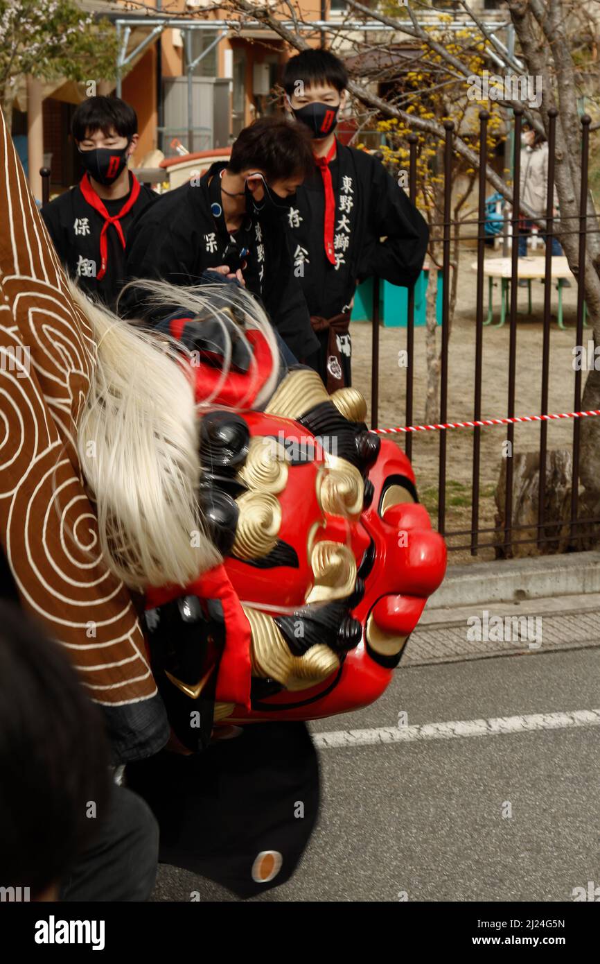 iida, nagano, japan, 2022/24/03 , Lion Dance on a Float. The ritual ...