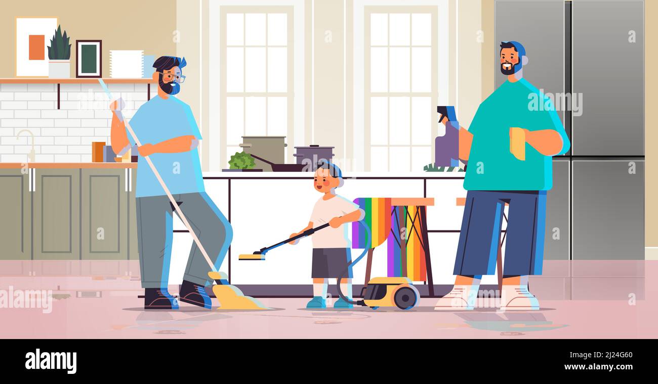 male parents cleaning house with little son gay family transgender love ...