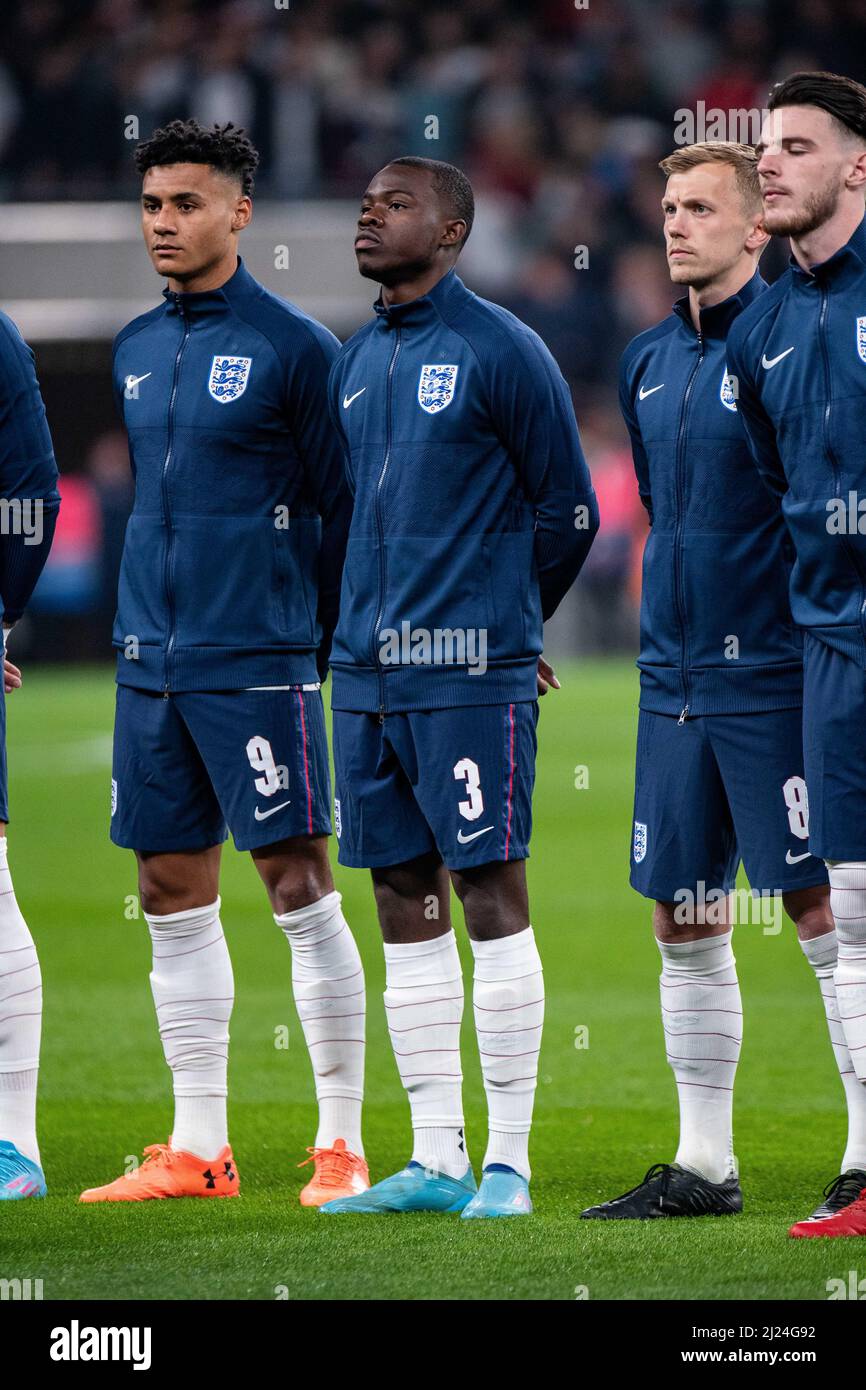 LONDON, ENGLAND - MARCH 29: Ollie Watkins, Tyrick Mitchell, James Ward ...