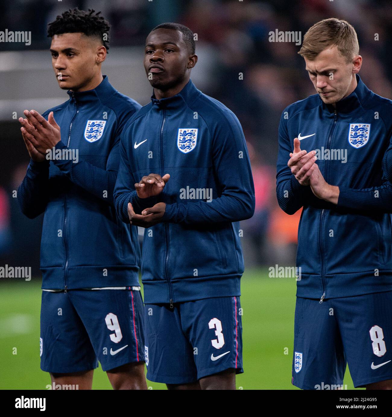 LONDON, ENGLAND - MARCH 29: Ollie Watkins, Tyrick Mitchell and James ...